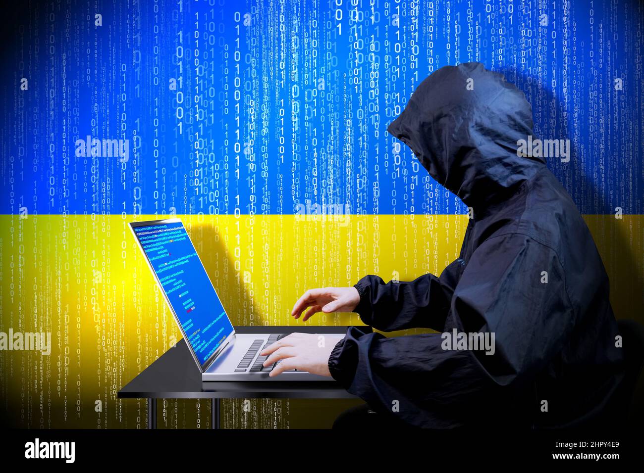 Anonymous Hooded Hacker Flag Of Ukraine Binary Code Cyber Attack