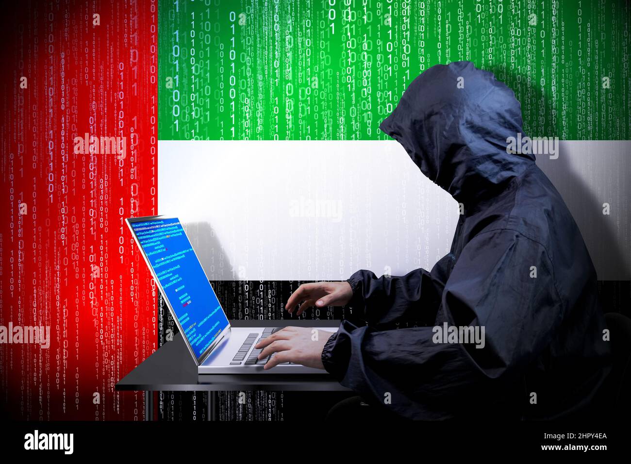 Anonymous hooded hacker, flag of United Arab Emirates, binary code ...
