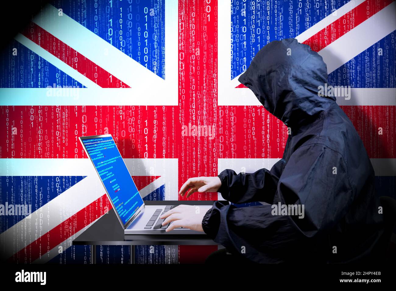 Anonymous hooded hacker, flag of United Kingdom, binary code - cyber attack concept Stock Photo ...