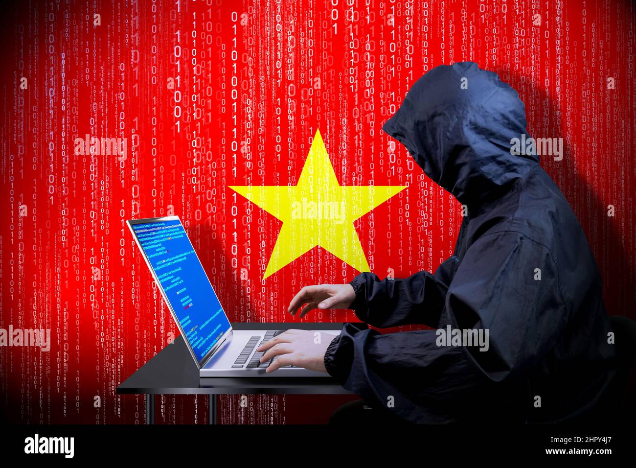 Anonymous hooded hacker, flag of Vietnam, binary code - cyber attack concept Stock Photo - Alamy