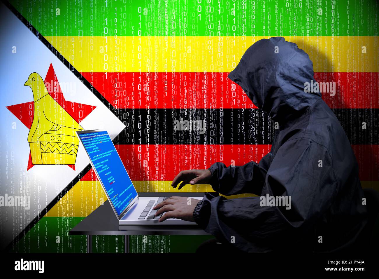 Anonymous hooded hacker, flag of Zimbabwe, binary code - cyber attack concept Stock Photo - Alamy