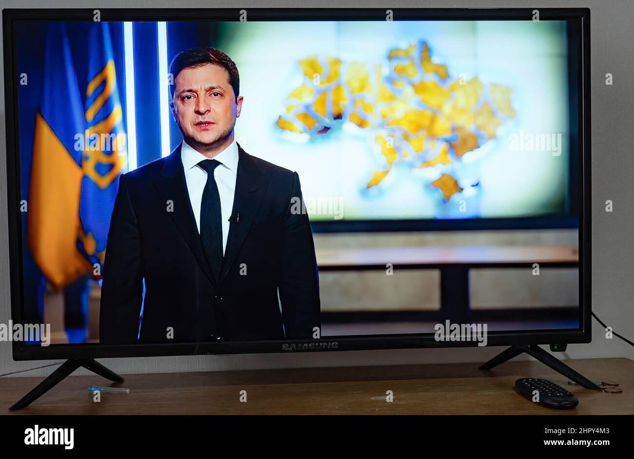 Kiev, Ukraine. 24th Feb, 2022. A television screen showing President ...