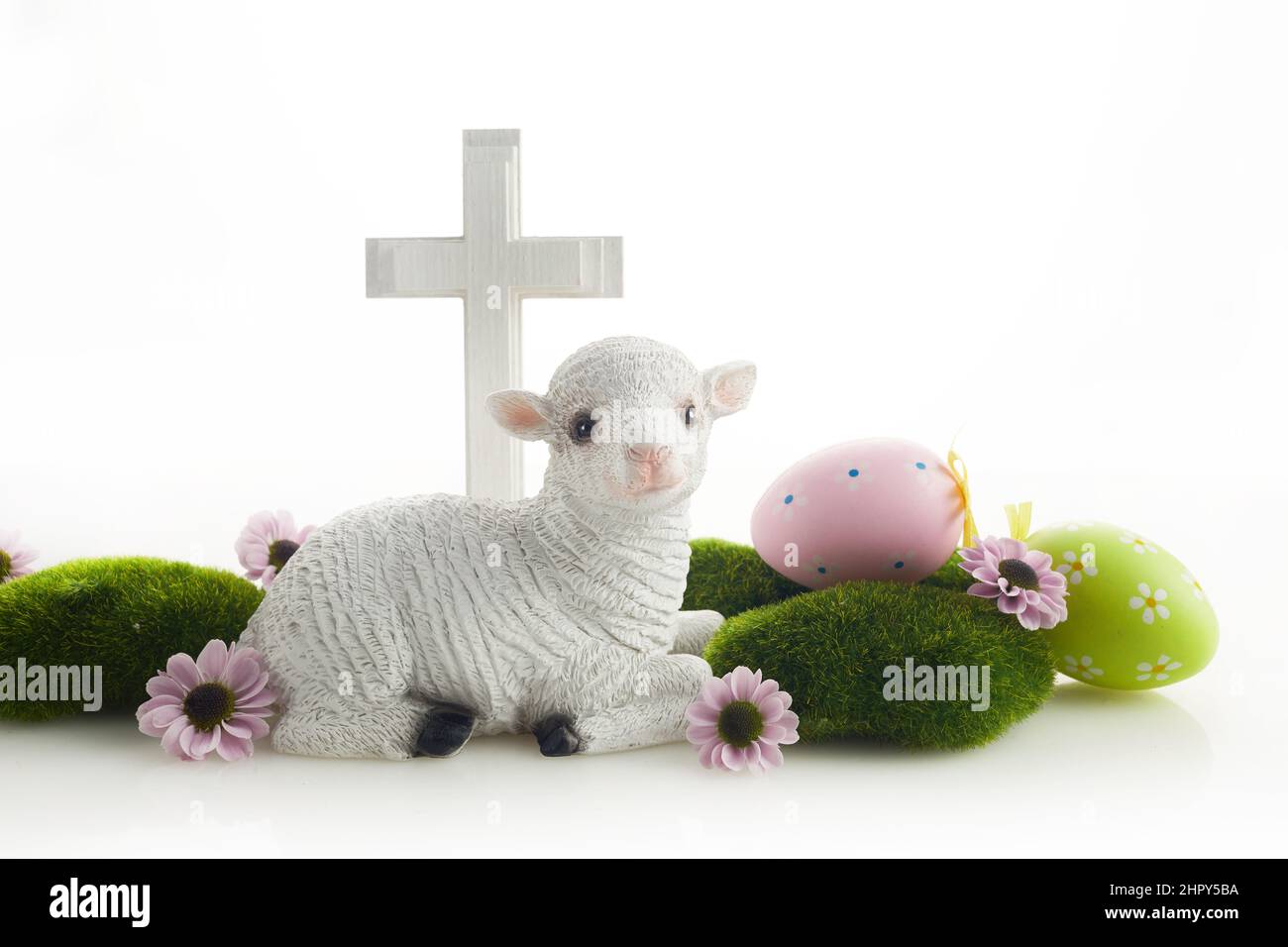 Easter lamb, eggs and cross on white background. Catholic Easter ...
