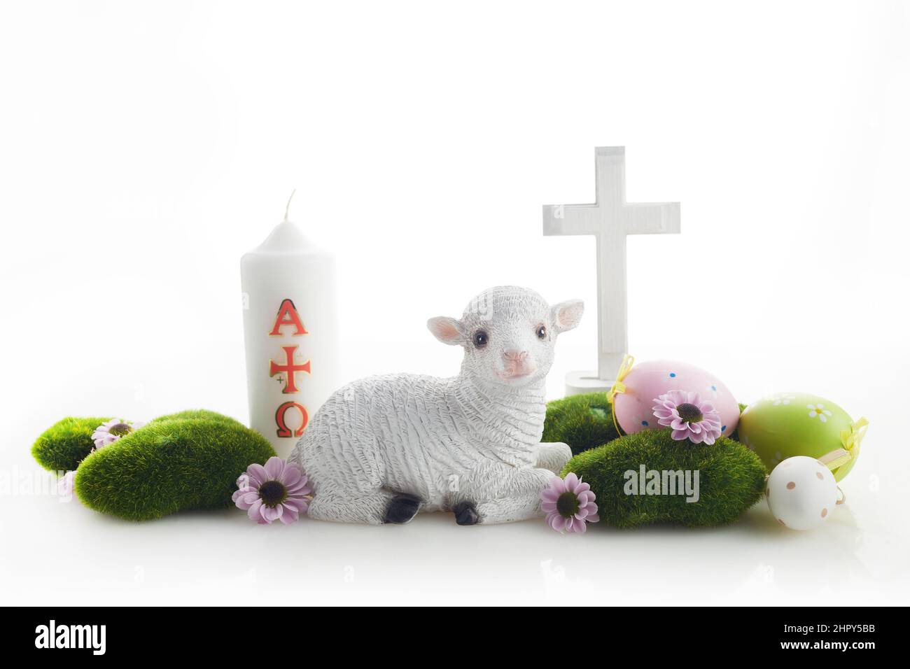 Easter lamb, eggs and cross on white background. Catholic Easter ...
