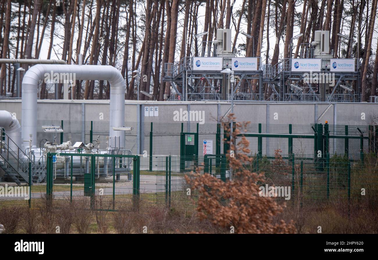 Lubmin, Germany. 24th Feb, 2022. View of pipe systems and shut-off ...