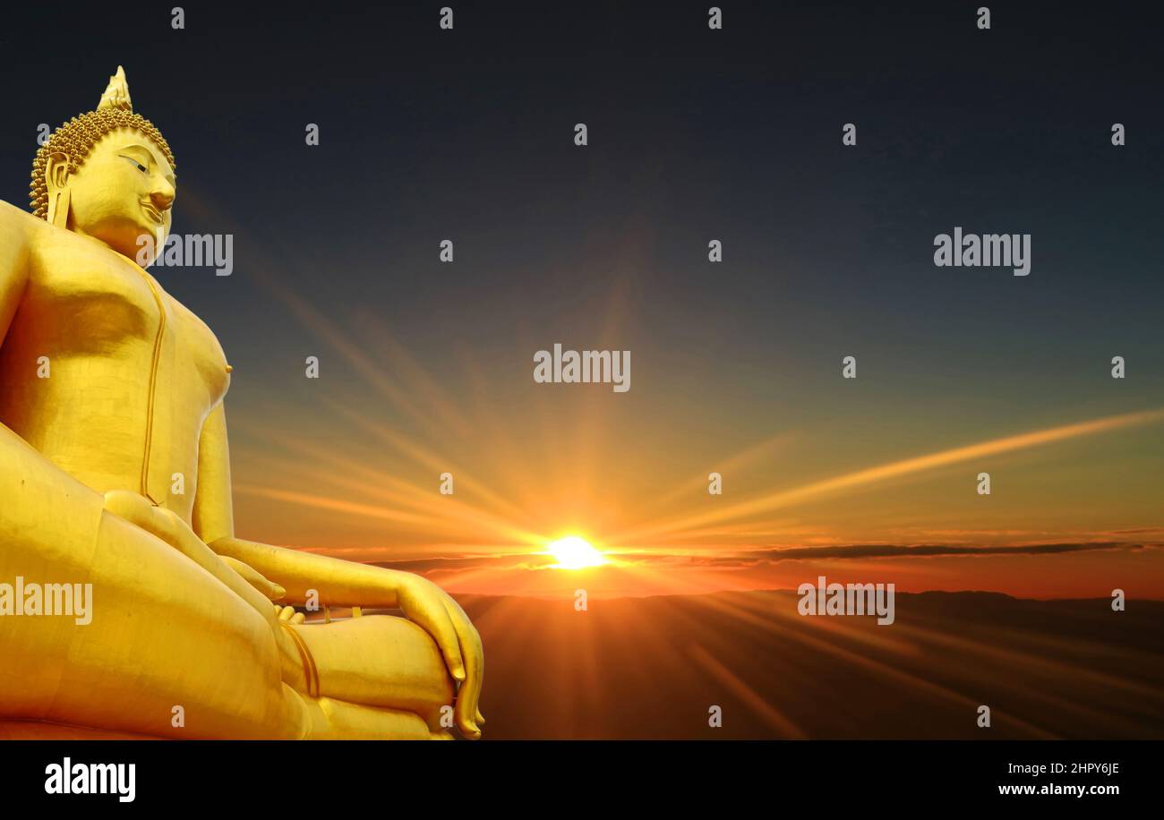 Beautiful Golden Seated Buddha Image with Amazing Bright Sun Rising on ...