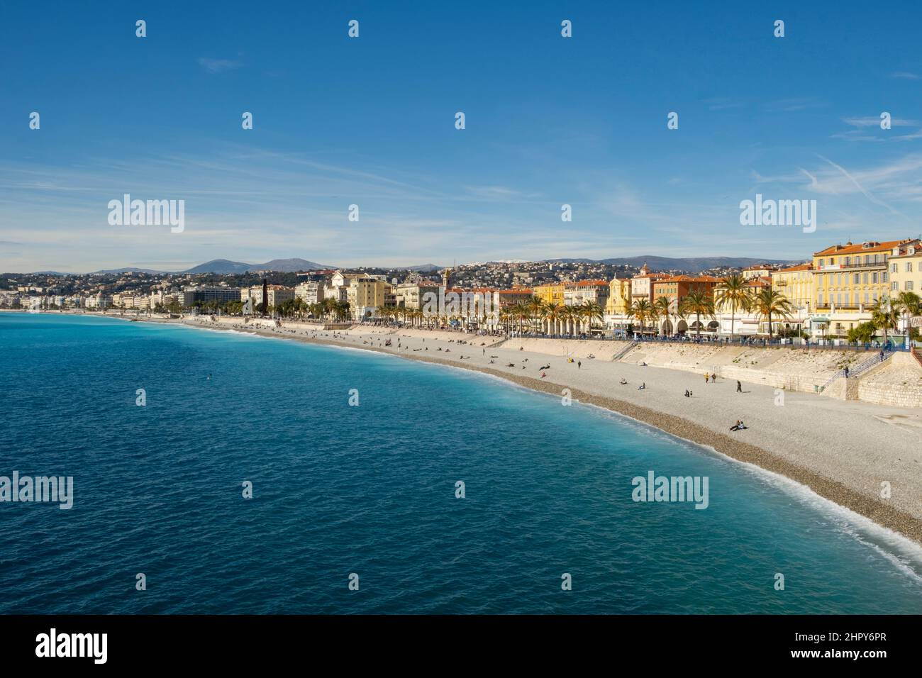 An aerial view of blue sea in the Baie des Anges and the beach in Nice ...