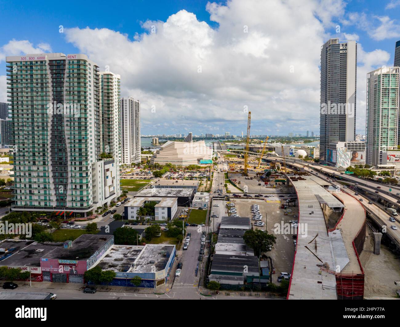 Miami, FL, USA - February 15, 2022: Aerial photo construction of the ...