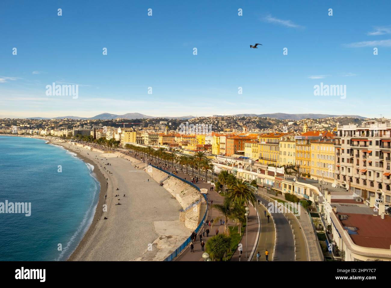 An aerial view of the beach, Promenade des Anglais and old buildings ...