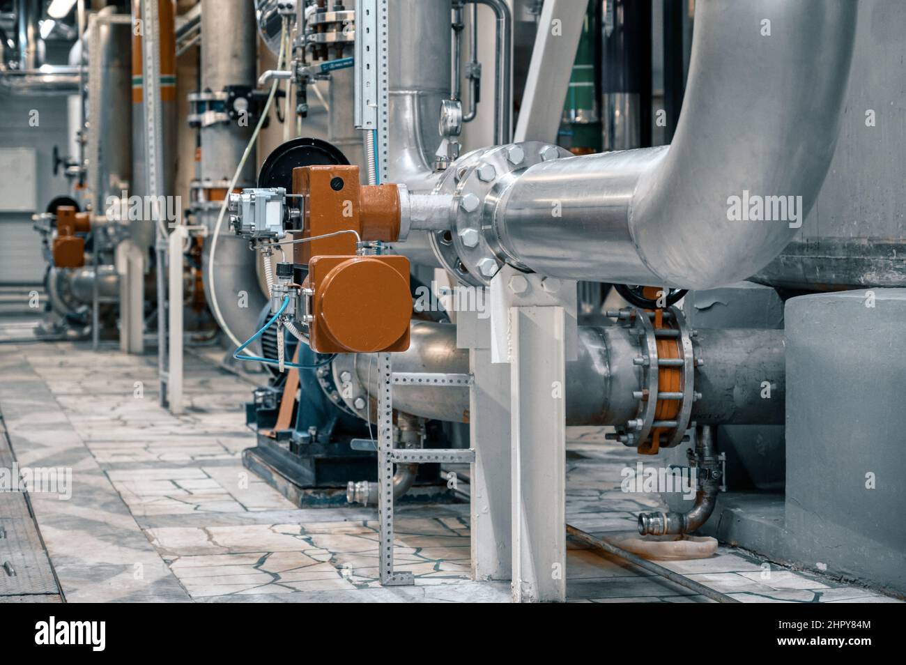 Dosing control valves and liquid meters on pipeline system Stock Photo ...