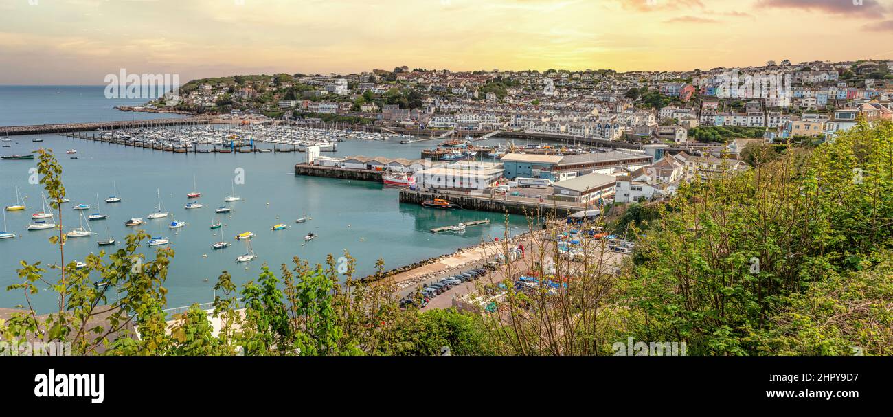 Panorama of Brixham, at the Torbay coast, Devon, at dusk, England, UK ...
