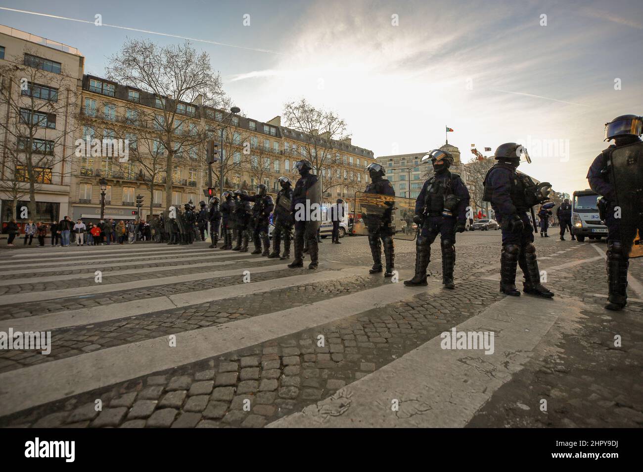 Police deployed on Champs Elysees avenue during freedom convoy. Paris ...