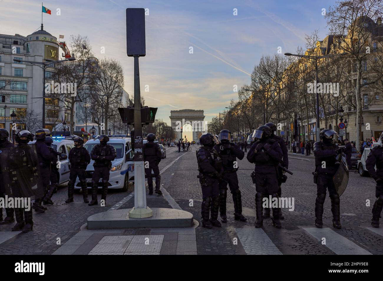 Police deployed on Champs Elysees avenue during freedom convoy. Paris ...