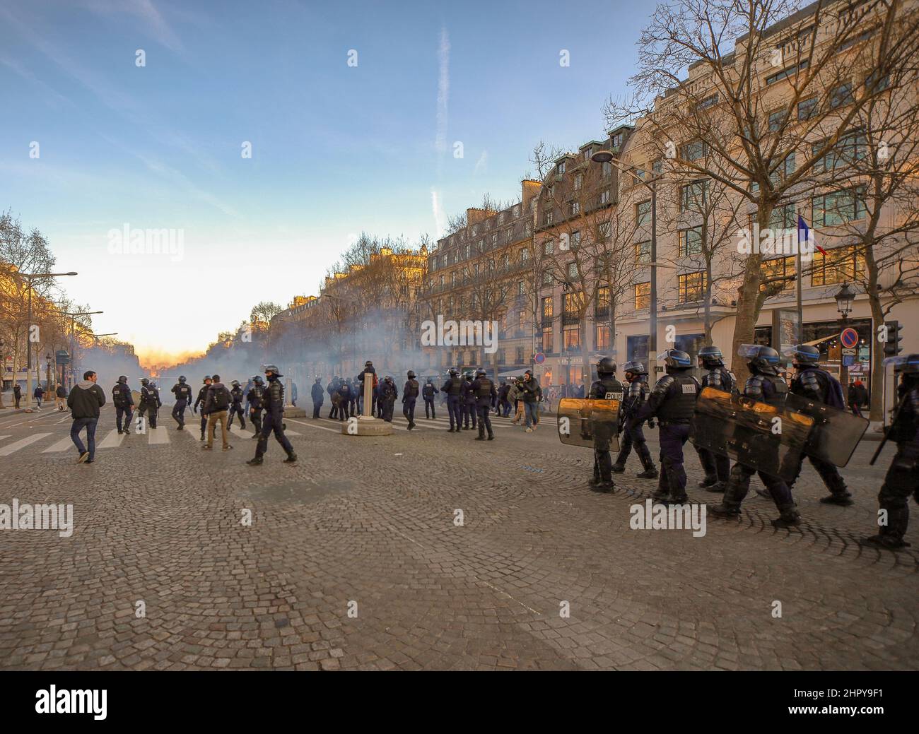 Police deployed on Champs Elysees avenue during freedom convoy. Paris ...