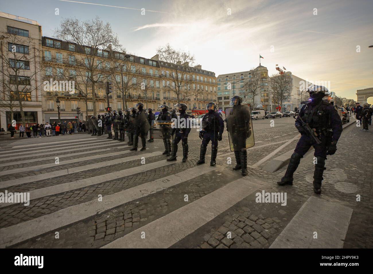 Police deployed on Champs Elysees avenue during freedom convoy. Paris ...
