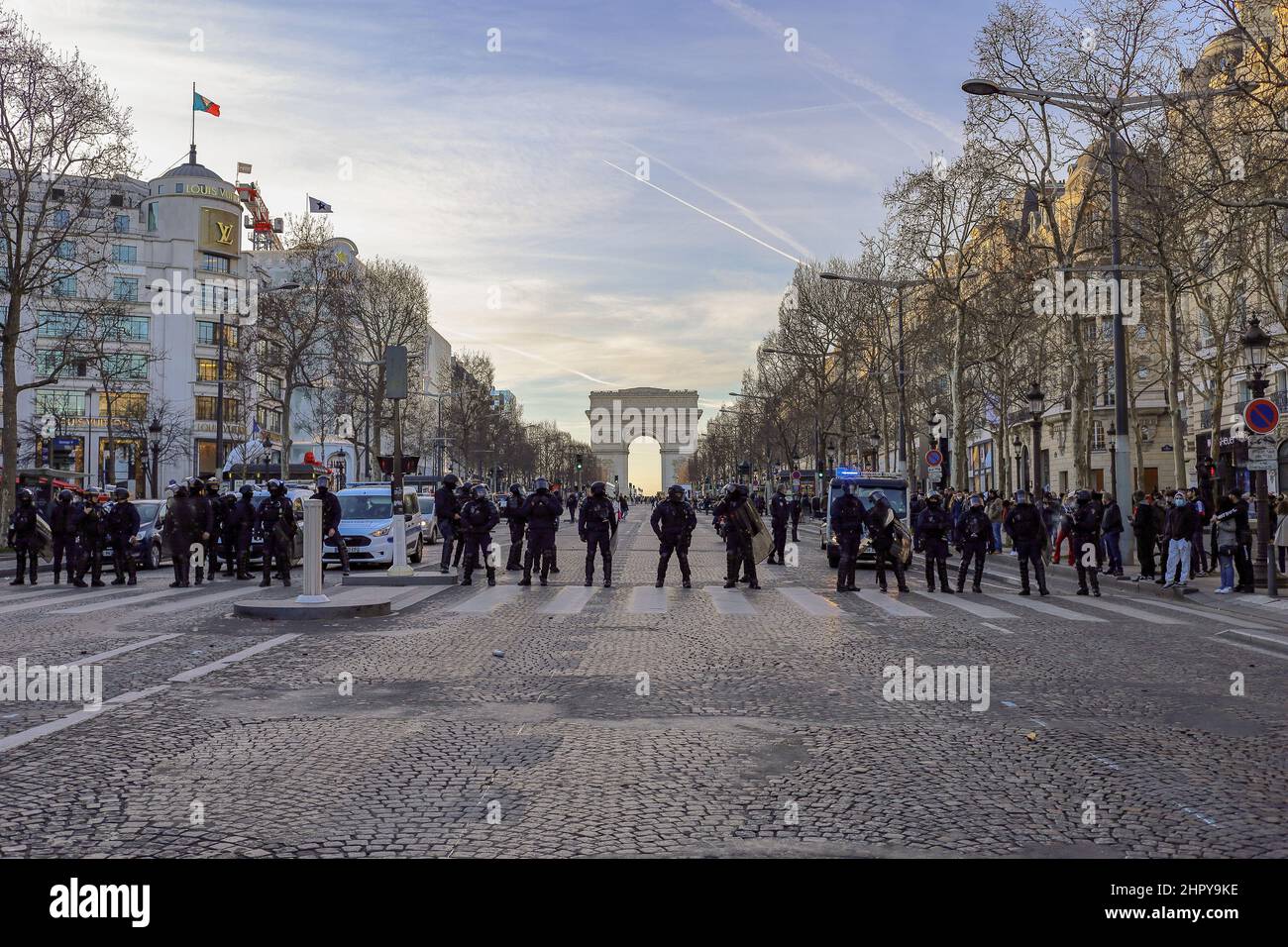 Police deployed on Champs Elysees avenue during freedom convoy. Paris ...