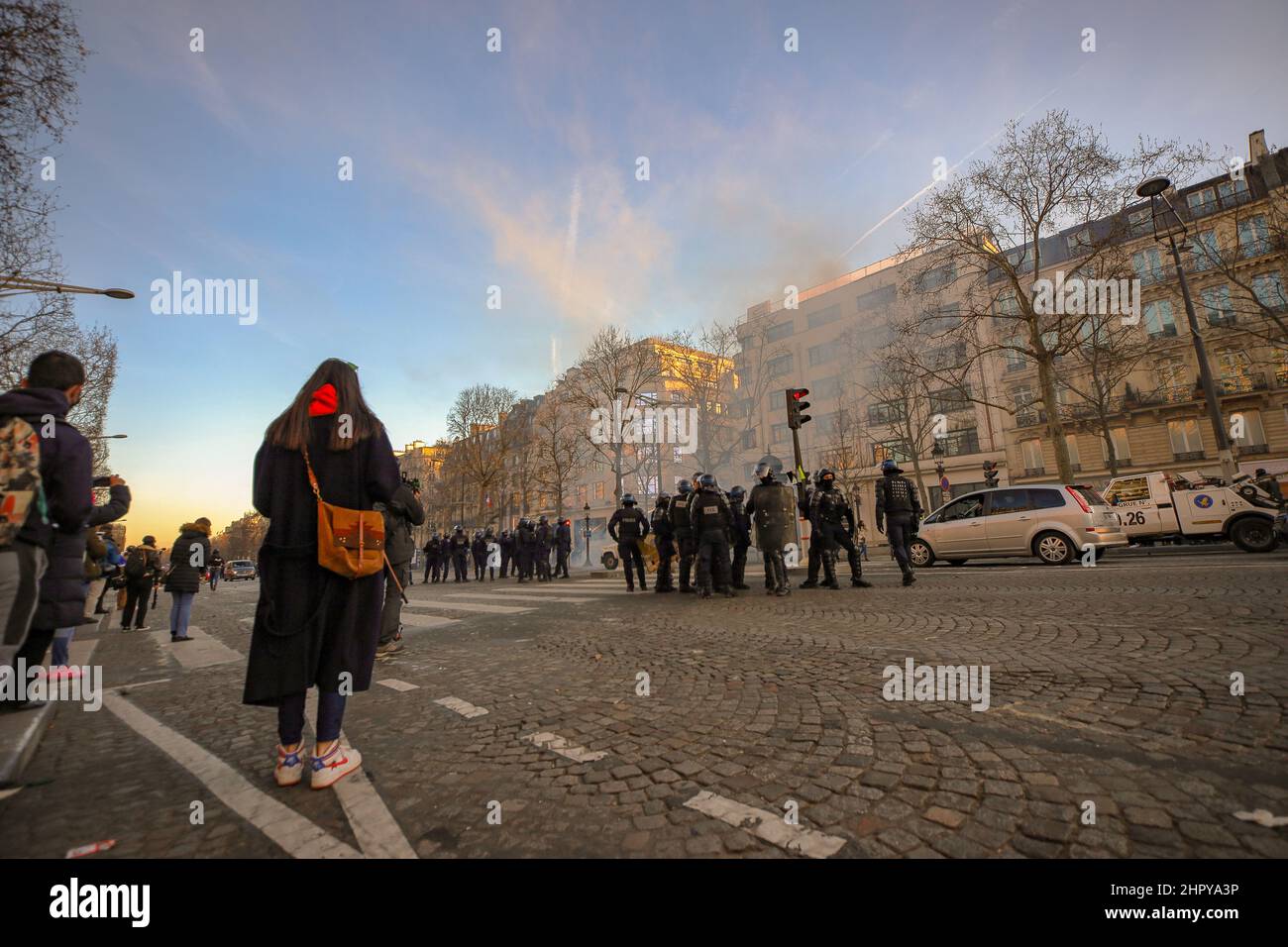 Police deployed on Champs Elysees avenue during freedom convoy. Paris ...