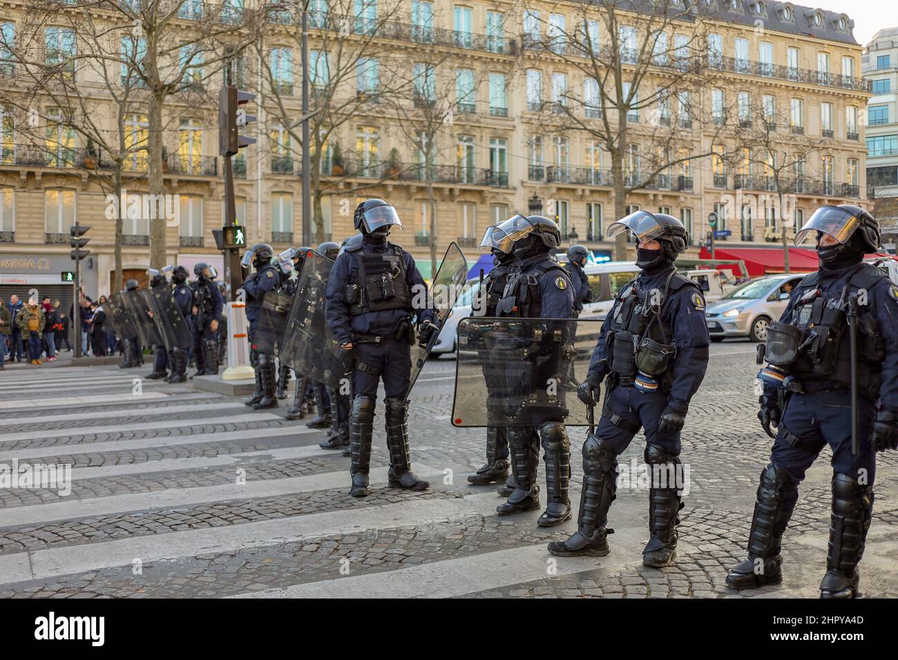 Police deployed on Champs Elysees avenue during freedom convoy. Paris ...