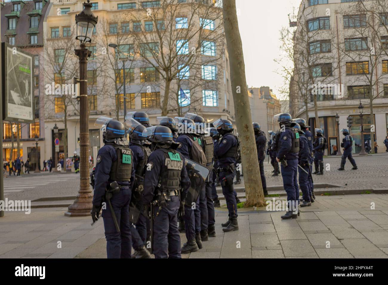 Police deployed on Champs Elysees avenue during freedom convoy. Paris ...