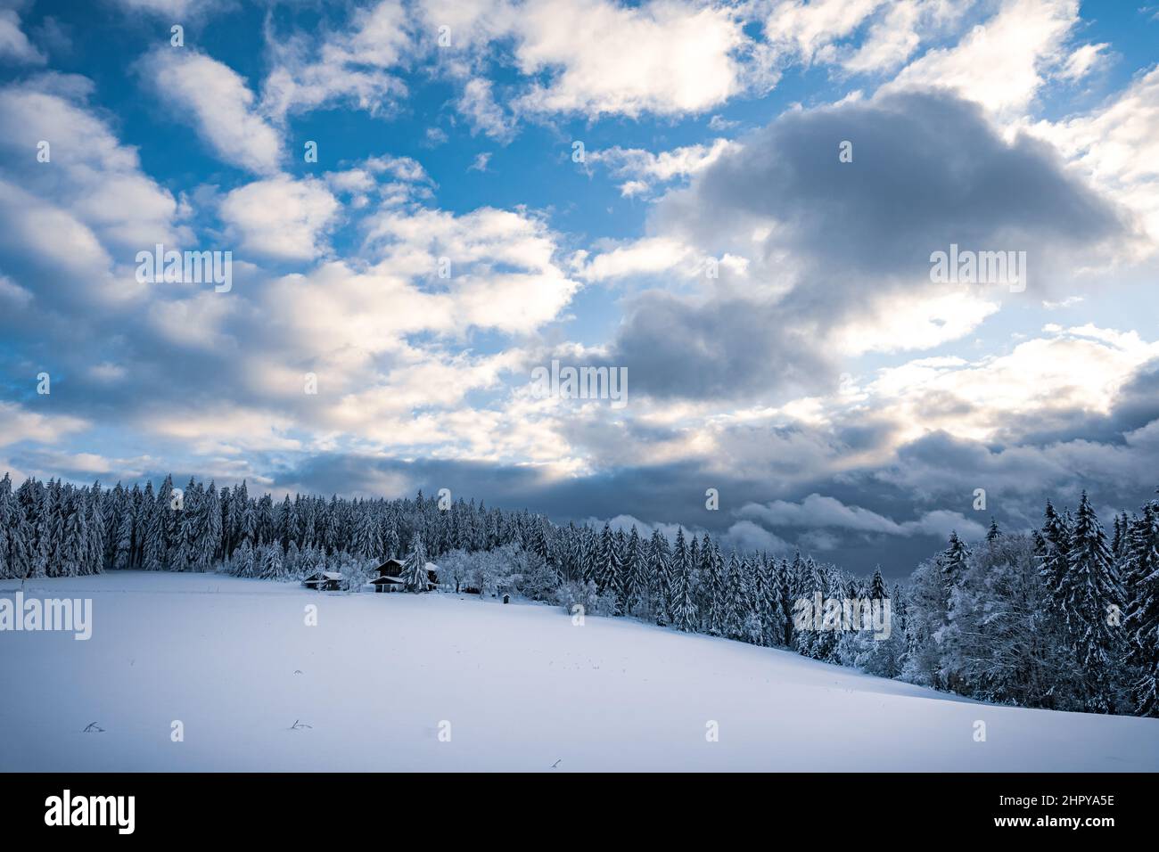 Beautiful snowy landscape with white fluffy clouds over the winter ...