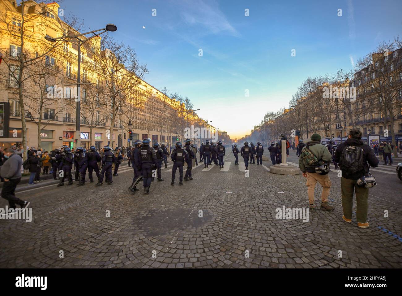 Police deployed on Champs Elysees avenue during freedom convoy. Paris ...