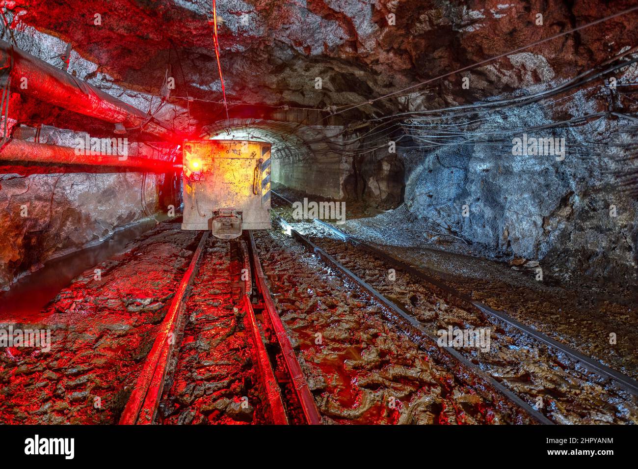 Underground mine. Underground railway for transporting ore. Mine ...
