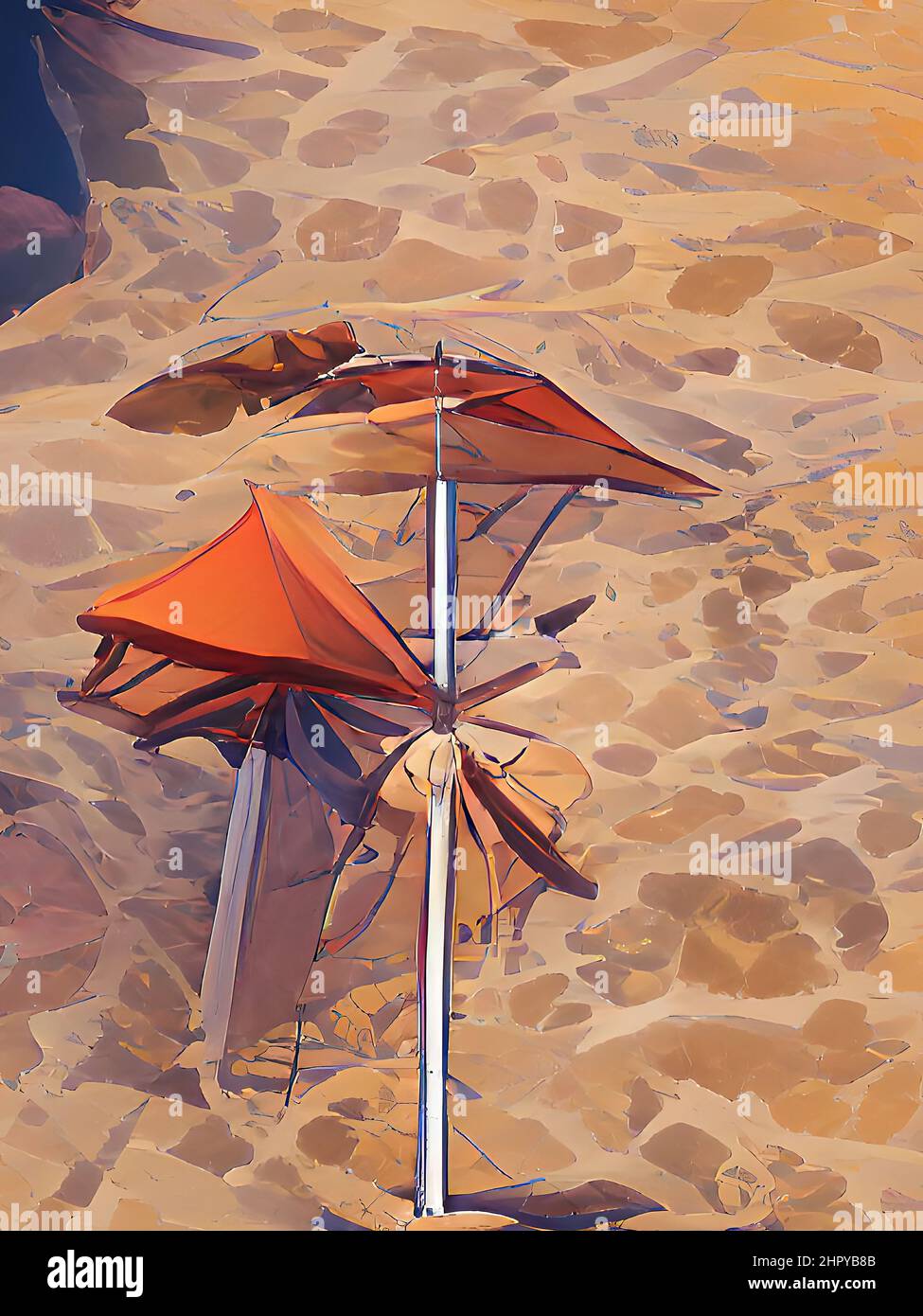 Abstract illustration of a beautiful beach by the sea in the sun with ...