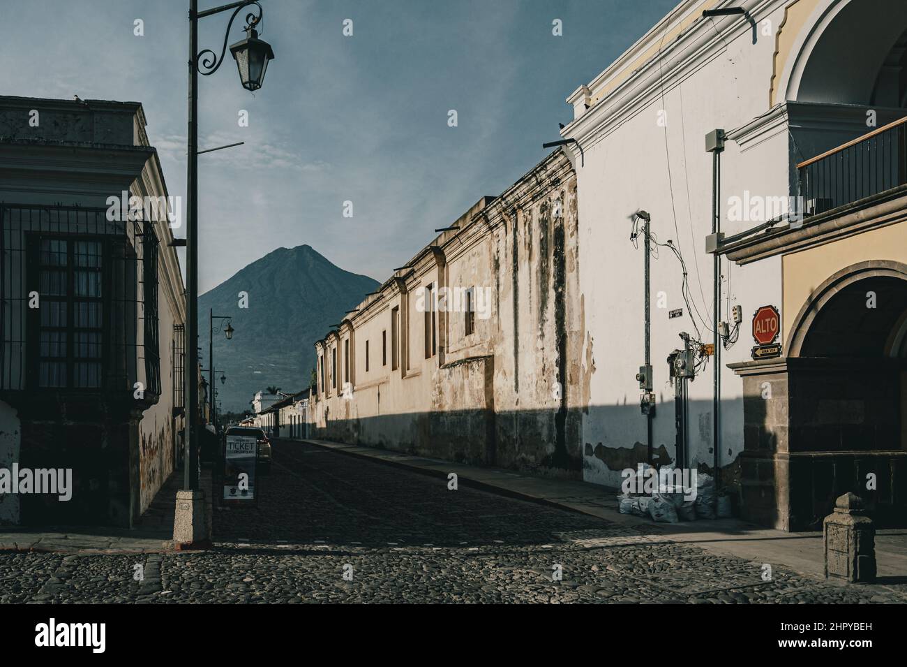 Old street with the mountain in the background in the colonial city of ...