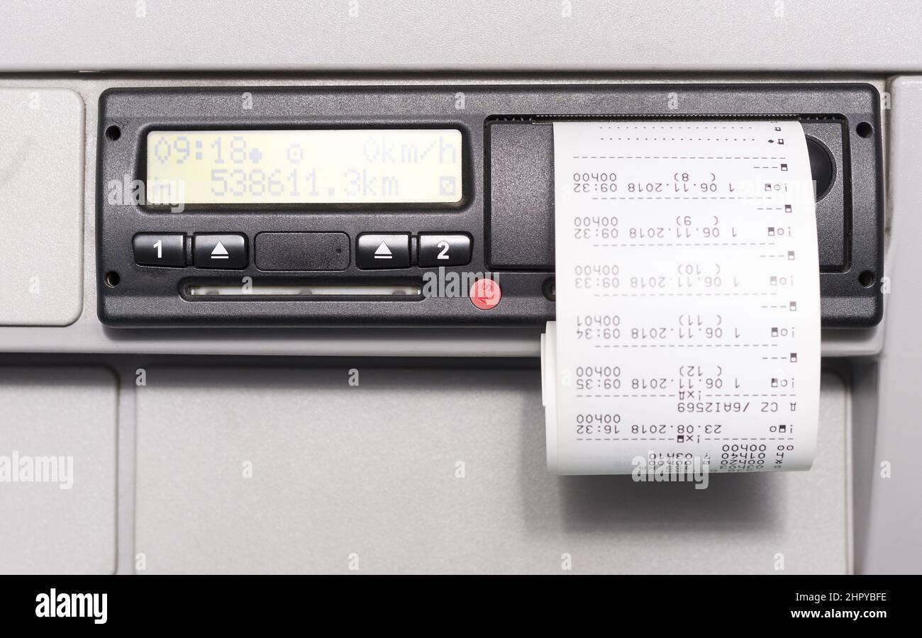 Printed time record check coming out of the digital tachograph Stock ...