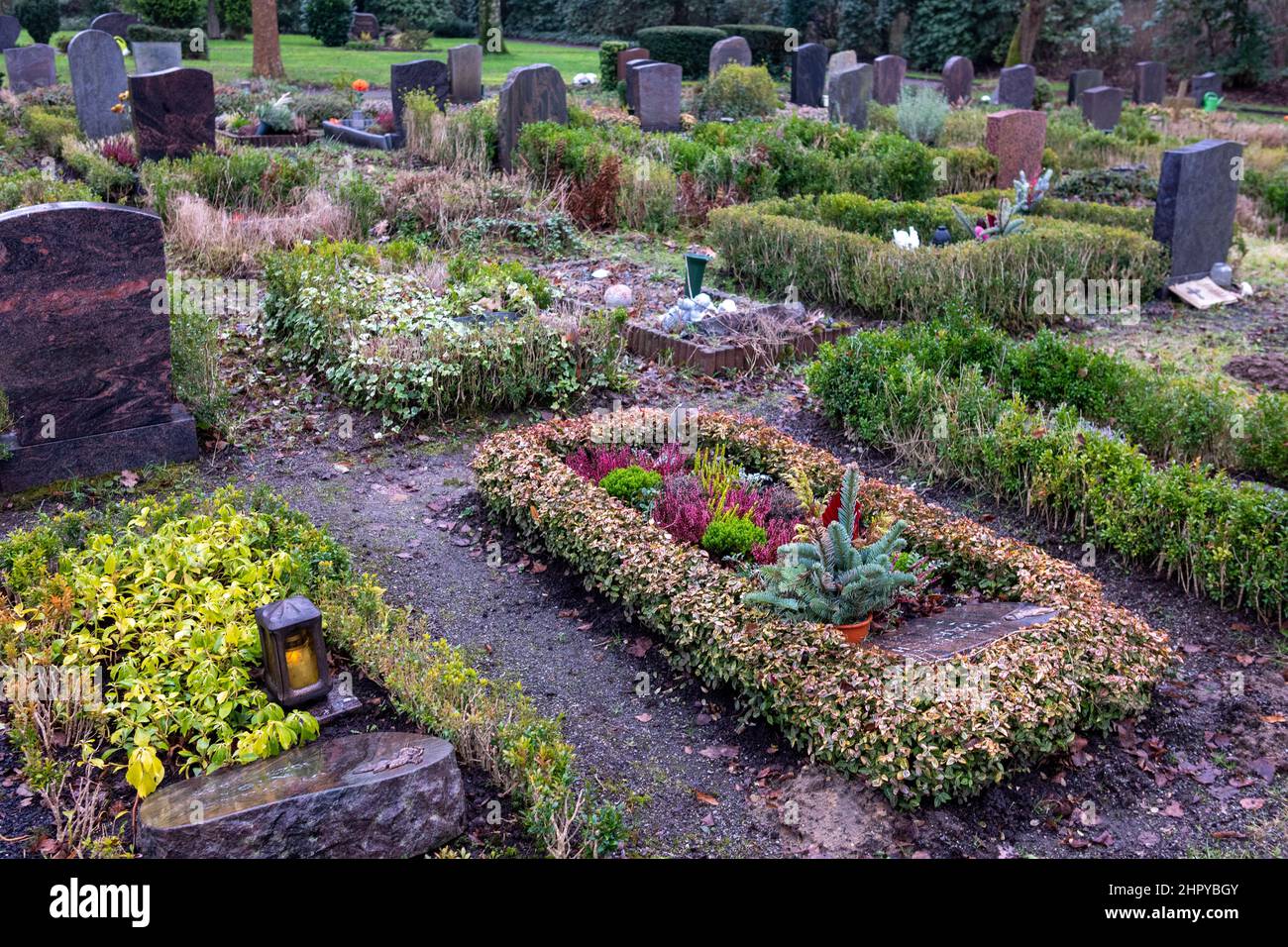 Graveyard full of blooming plants and flowers around each grave Stock ...