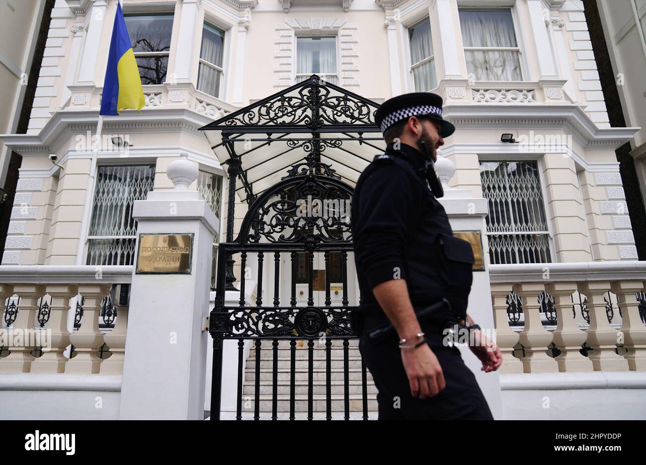 A police officer outside the Ukrainian Embassy in west London ...