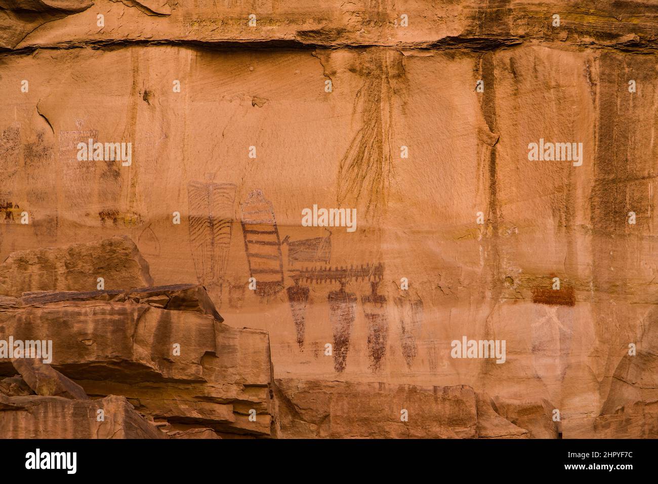 An ancient painted Native American Barrier Canyon-style rock art or ...