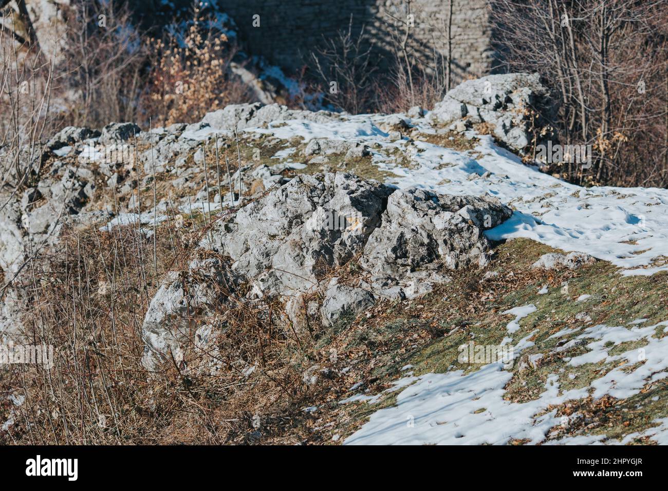 Snowy ground with dry grass and stones under the sunlight Stock Photo ...