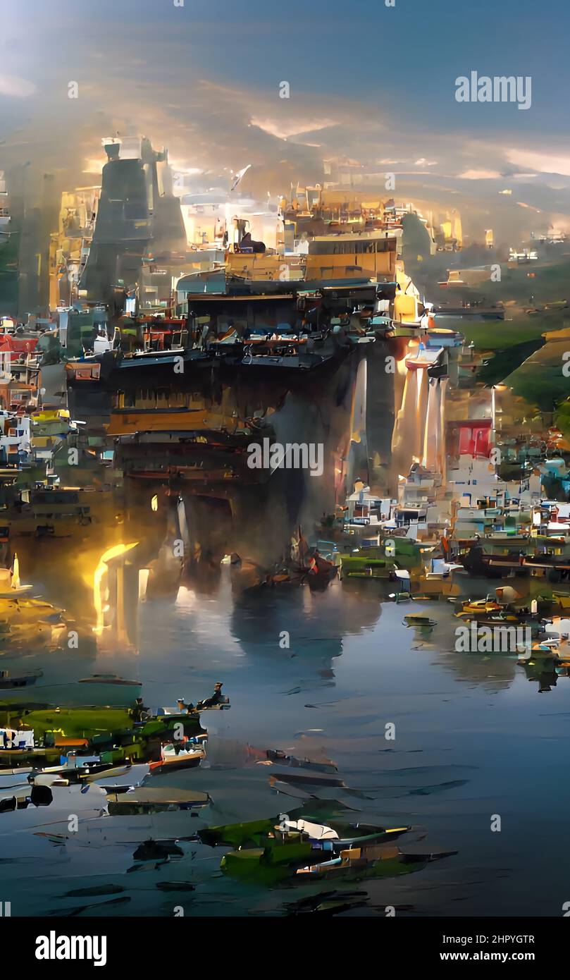 Abstract illustration of an art painting of cityscape with a mixture ...
