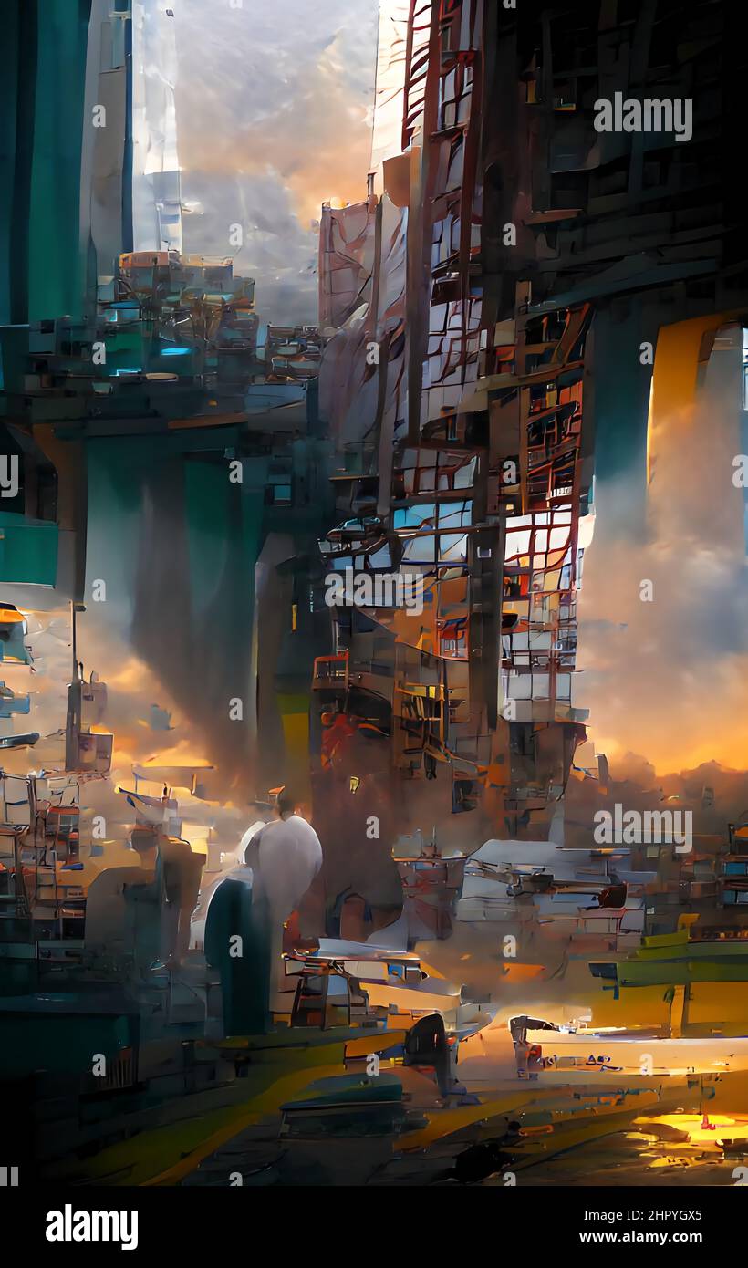 Abstract illustration of an art painting of cityscape with a mixture of ...