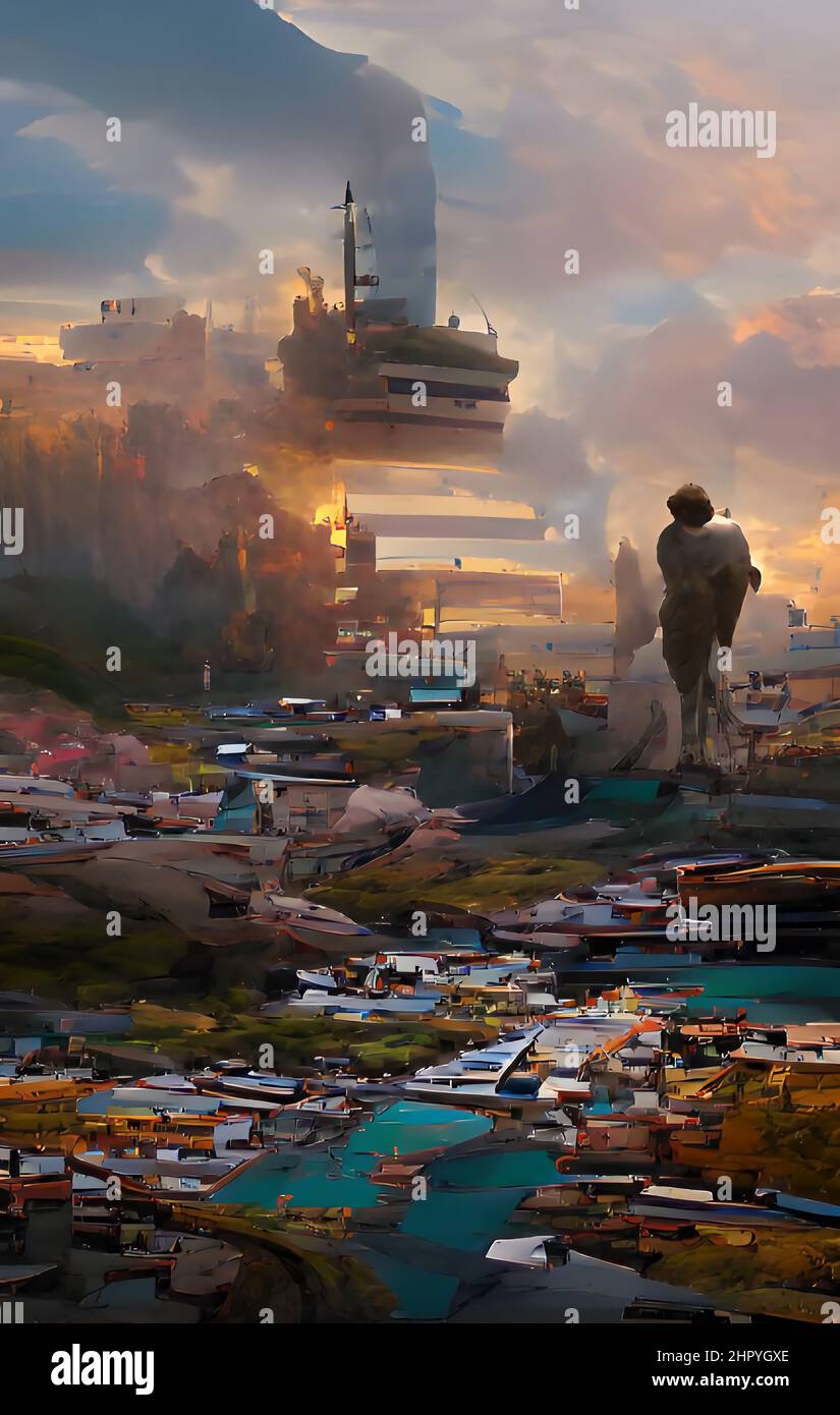 Abstract illustration of an art painting of cityscape with a mixture ...