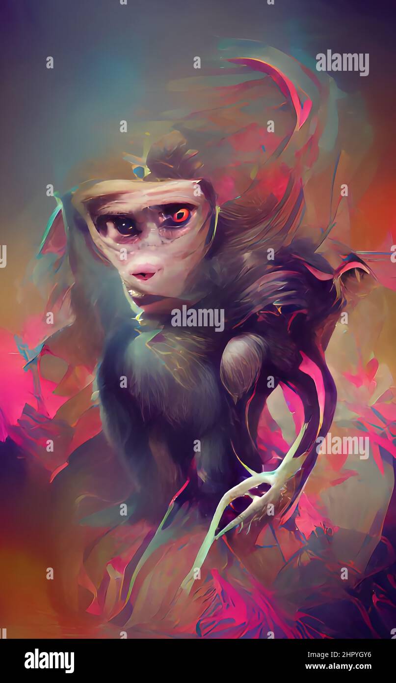 Abstract graphic illustration of a monkey on a colorful background ...