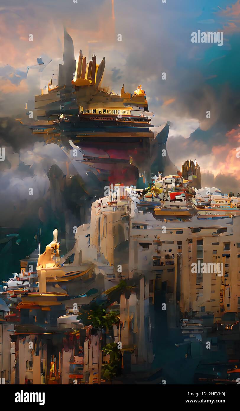 Abstract illustration of an art painting of cityscape with a mixture of ...
