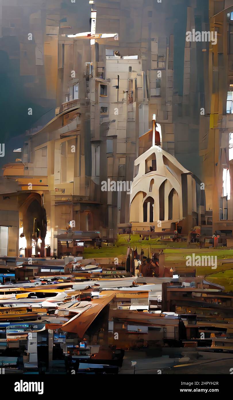 Abstract illustration of an art painting of a church with a mixture of ...