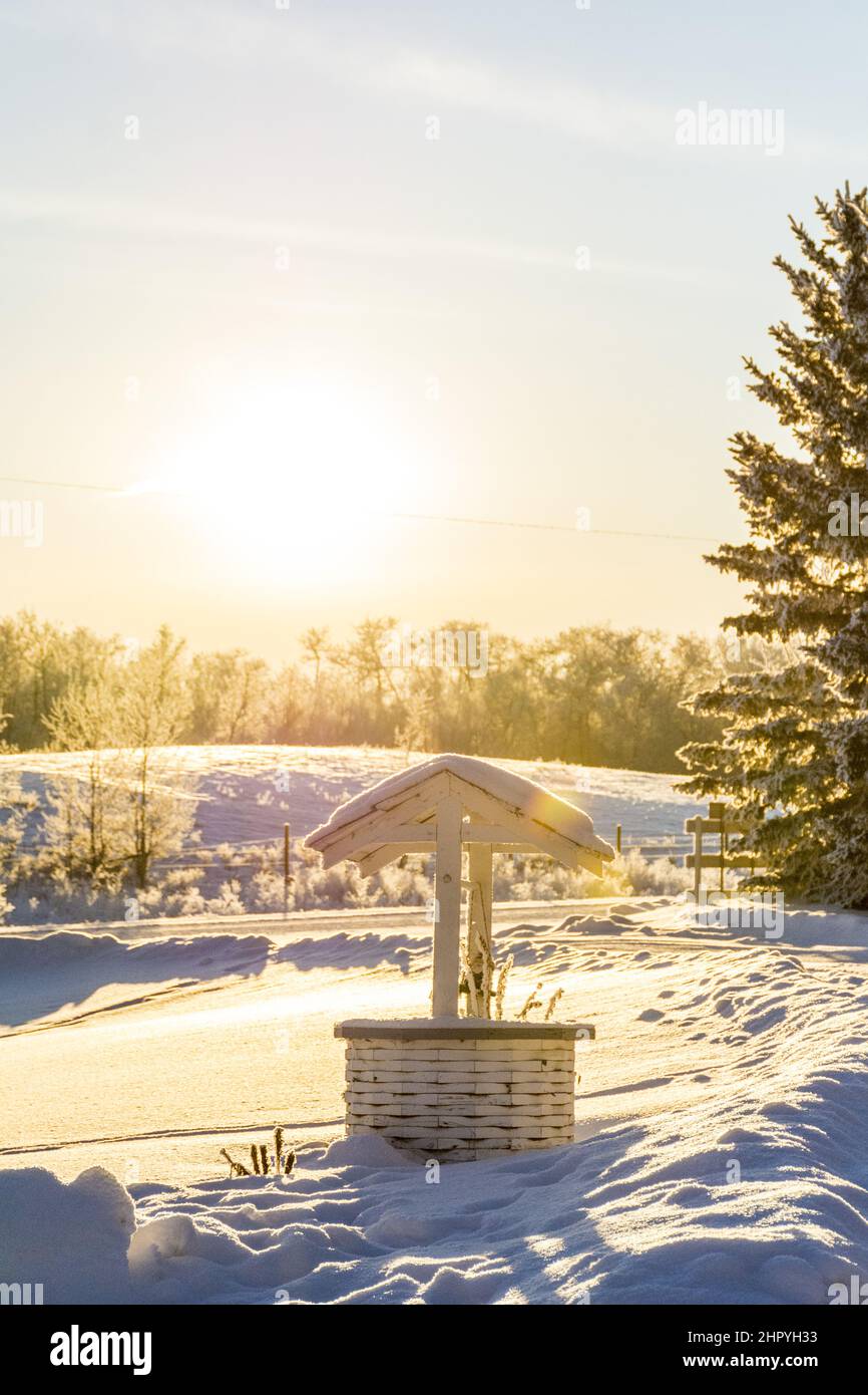 View of an old vintage water well covered with snow in a snowy land on ...