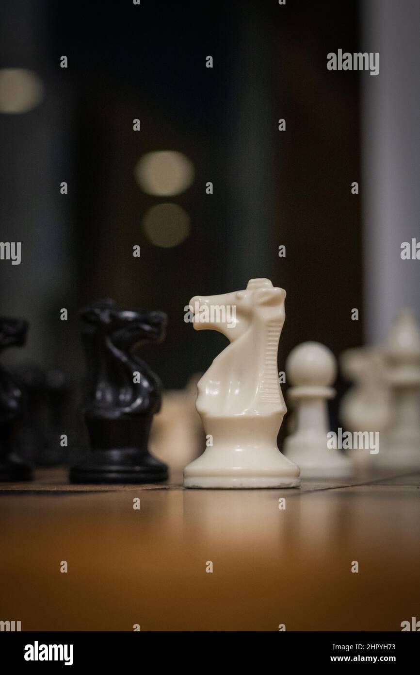 Vertical shot of black and white knight chess figures Stock Photo - Alamy
