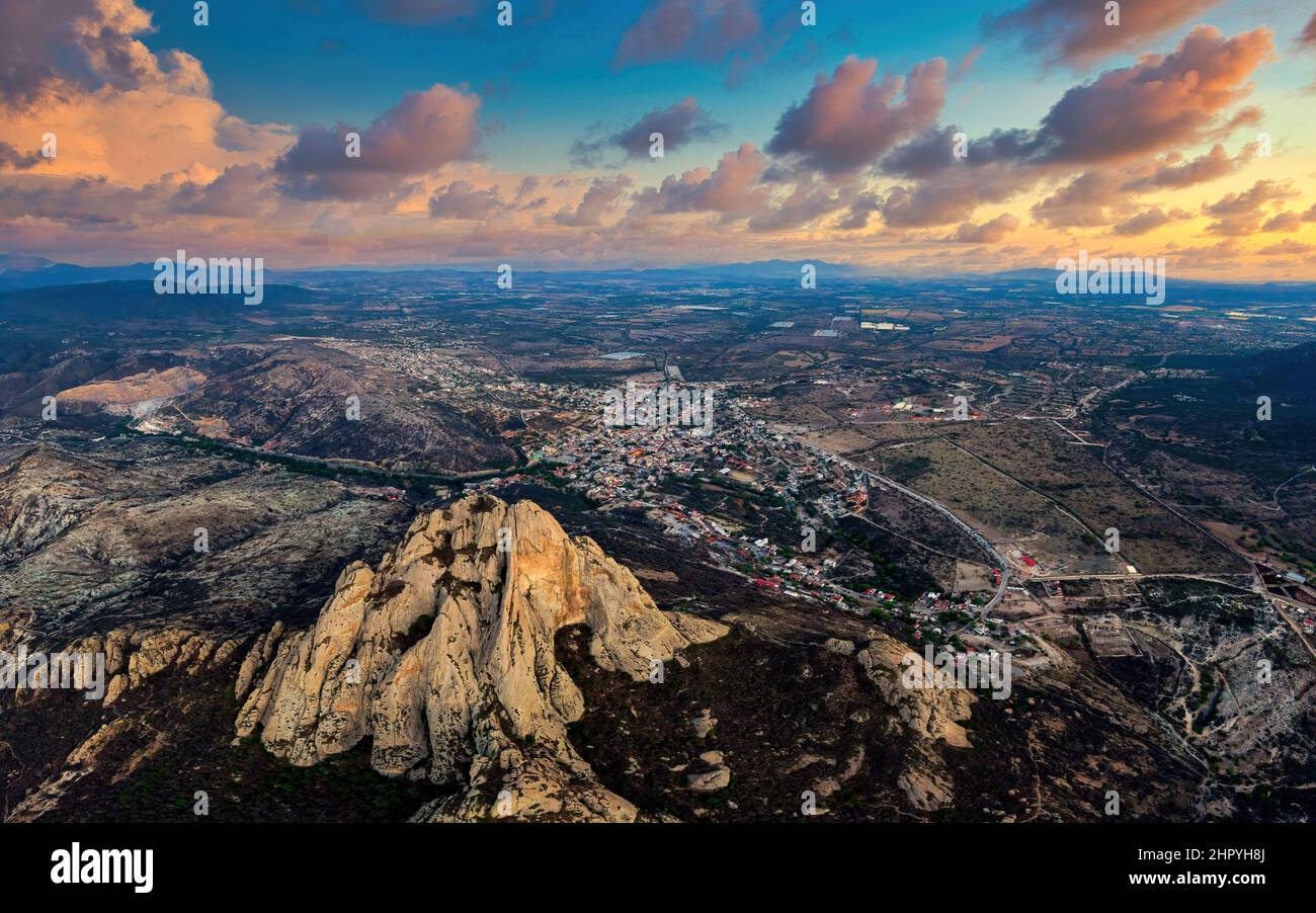 Aerial view of La Pena de Bernal monolith in Queretaro, Mexico at ...