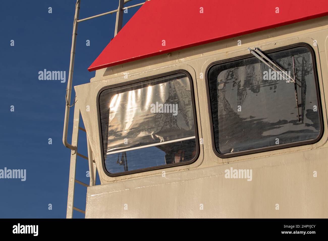 Low angle shot of a white and red ferry exterior on the Nord-Ostsee ...