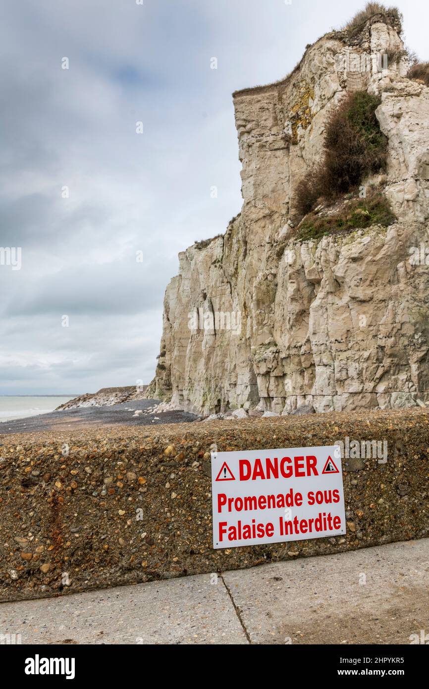 Sign warning of the risk of a cliff fall, Ault, Somme, France Stock ...