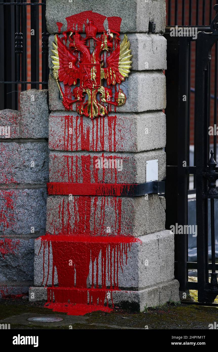 A view of the Embassy of Russia in Dublin where red paint was poured on ...
