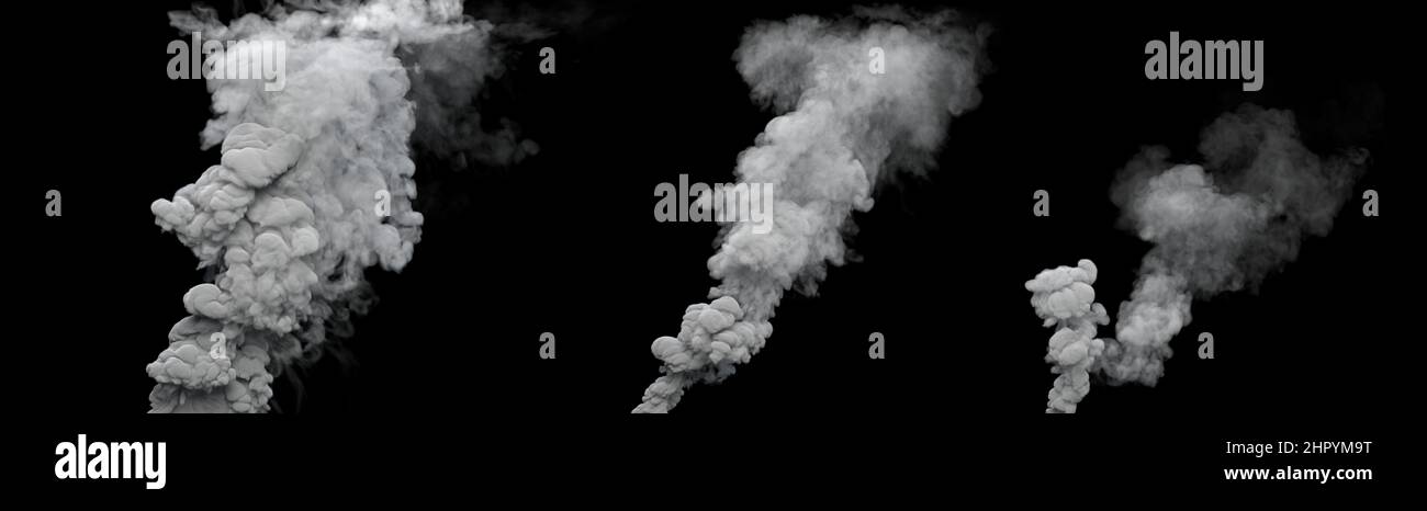 3 white contamination smoke columns from waste burning on black ...