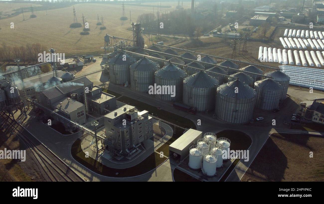 Landscape Grain Elevator. Aerial Drone View. Flight View Over Metal ...