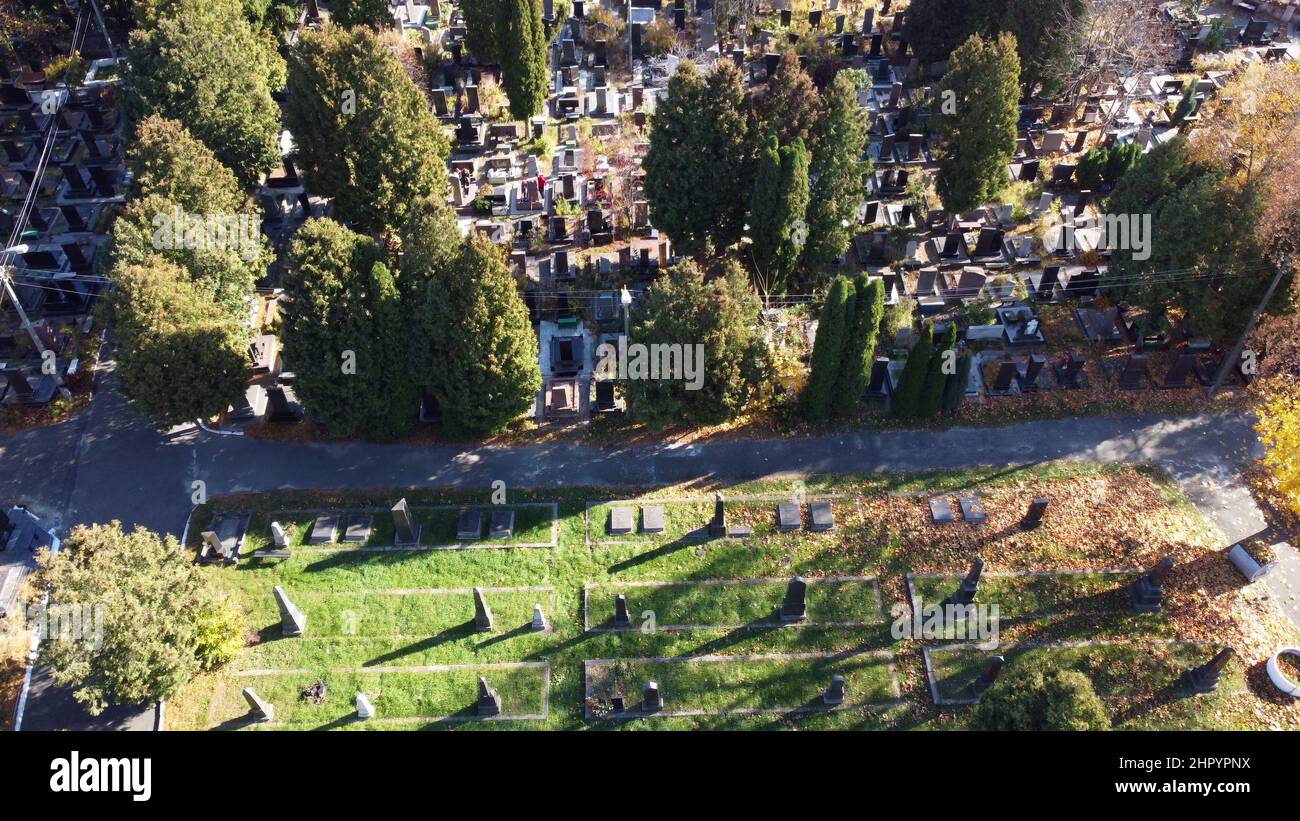 Arial drone view flight over old cemetery with tombstones, gravestones ...