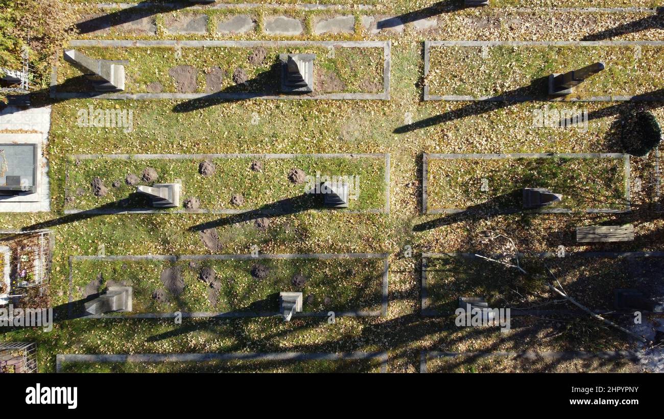 Arial drone view flight over old cemetery with tombstones, gravestones ...