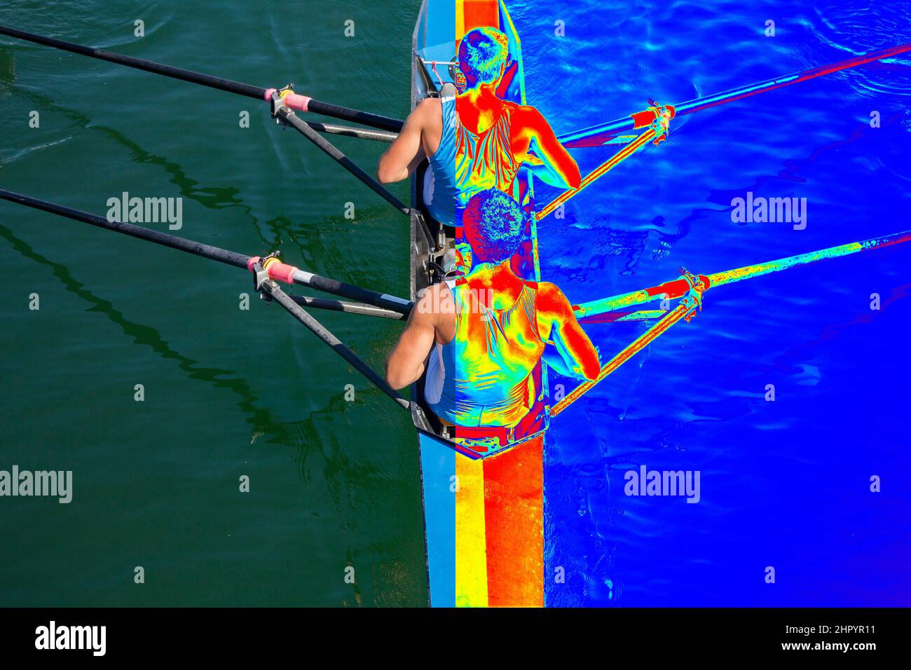 Real and Thermal image of two rowers in a boat, rowing on the tranquil ...